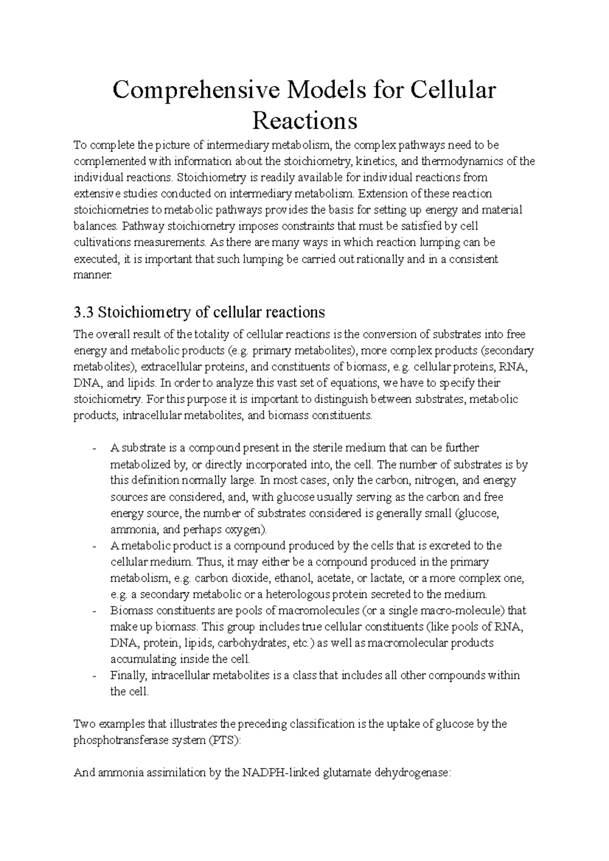 Cellular Reactions: Comprehensive Models in Metabolic Pathways - Studocu