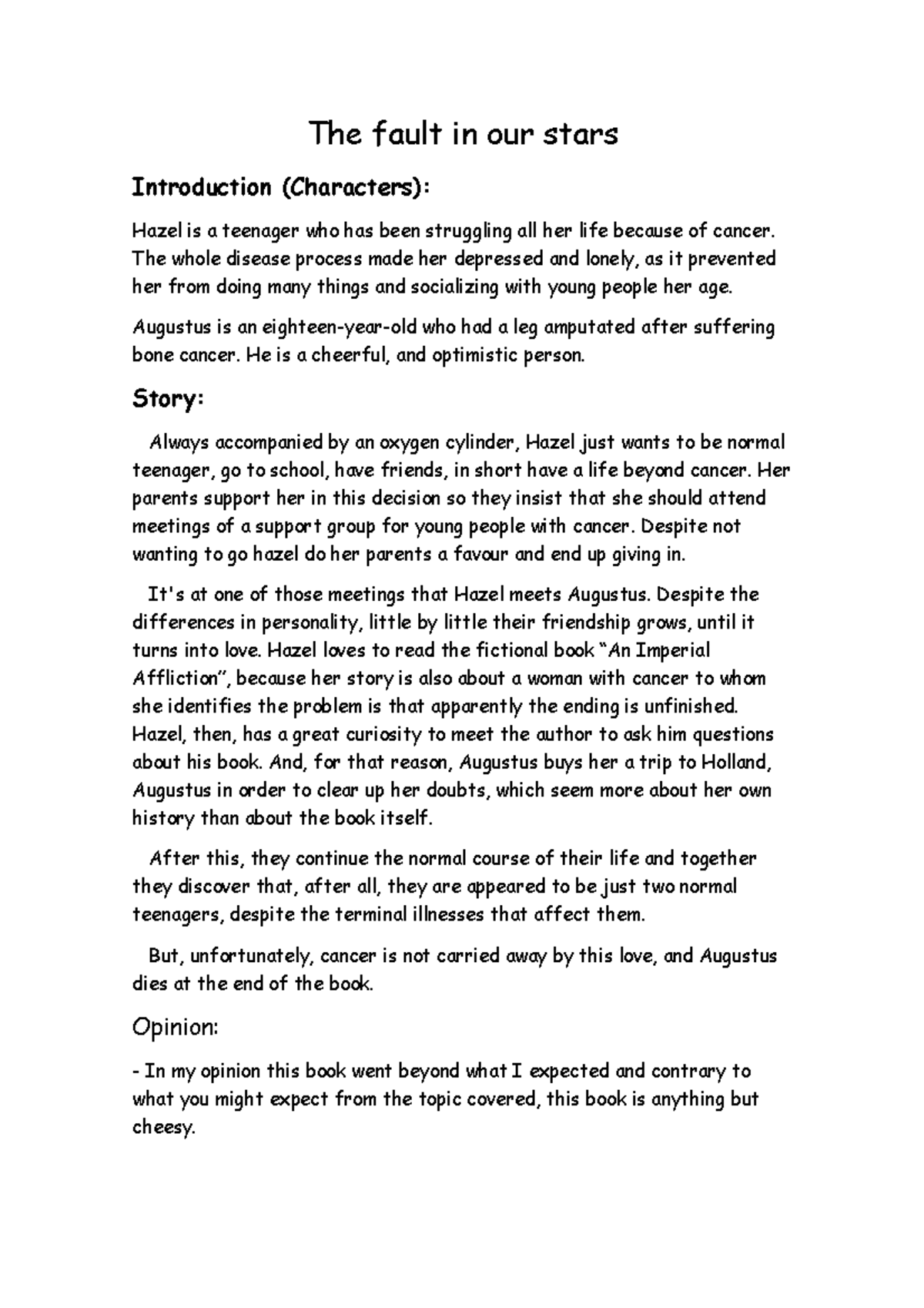 Final Essay Notes: The Fault in Our Stars Analysis - Studocu