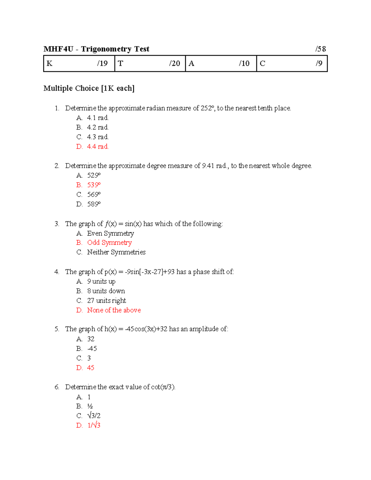 MHF4U - Comprehensive Trigonometry Test Solutions and Explanations ...