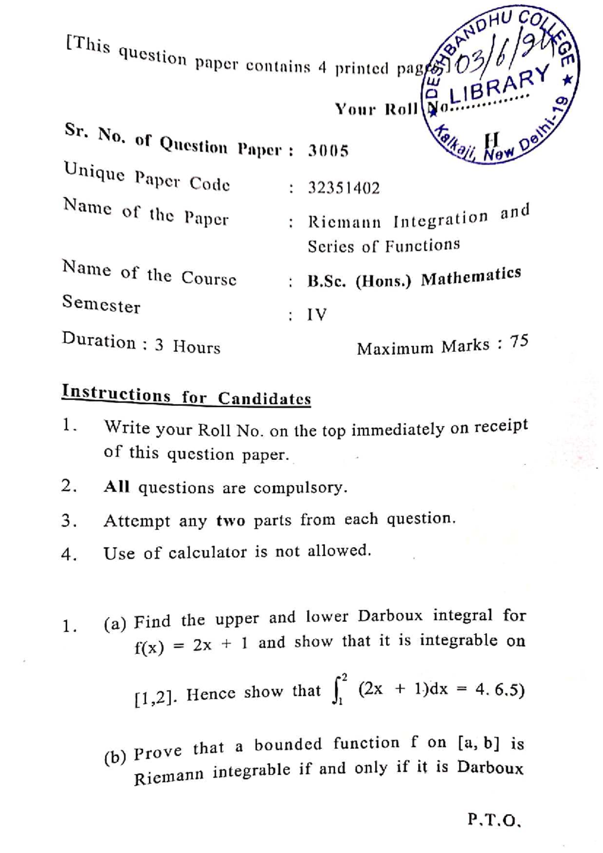 B.Sc. (Hons.) Mathematics IV Sem 2024 Question Paper Compilation - Studocu