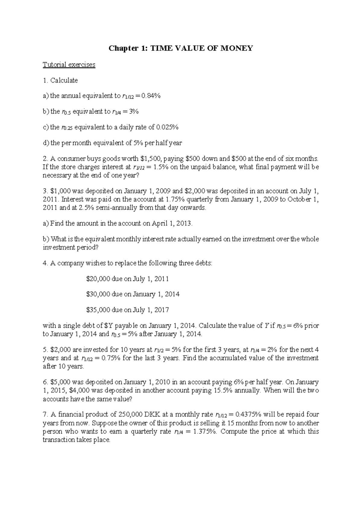 CH1: Time Value of Money - Tutorial Exercises and Solutions - Studocu