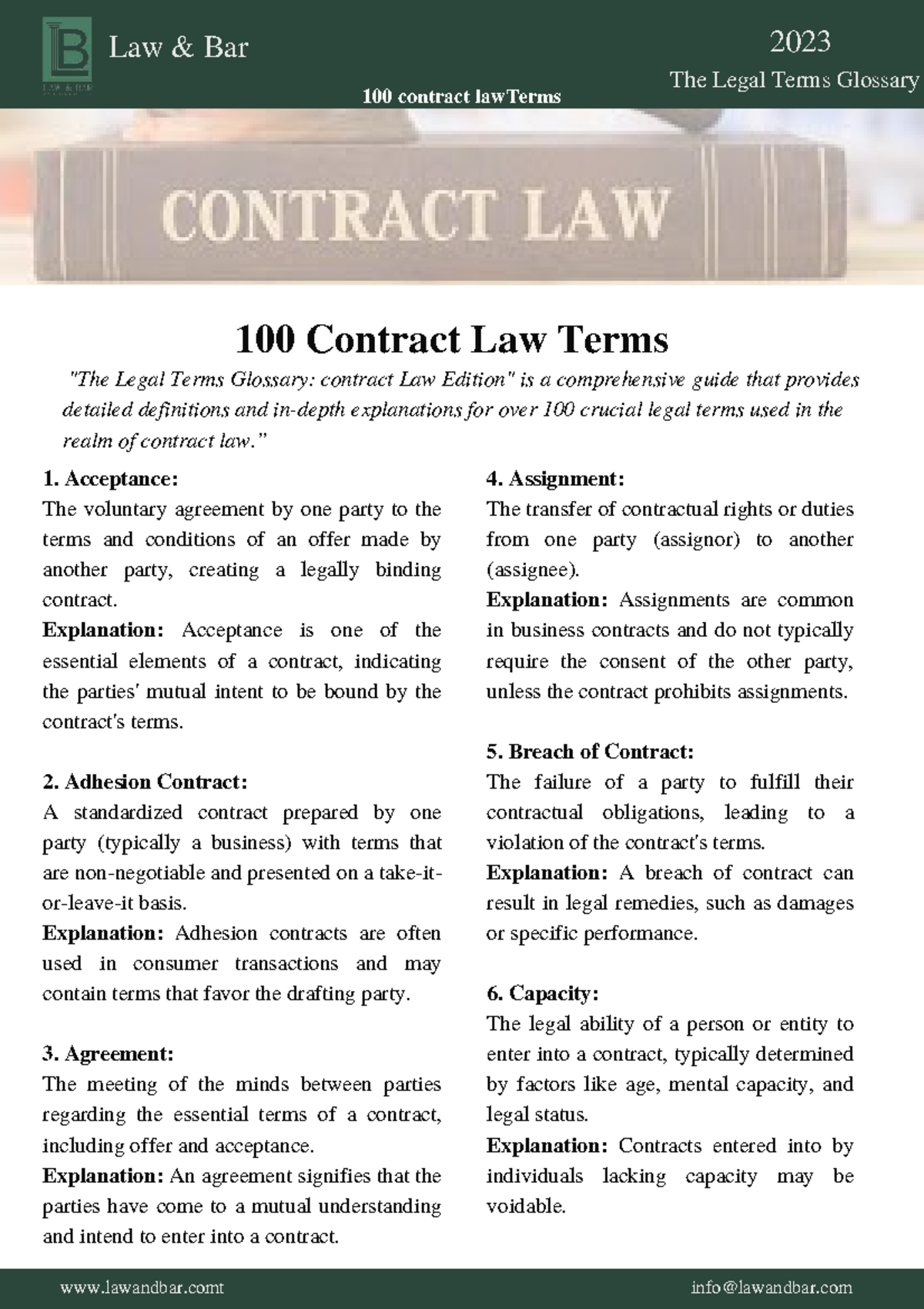 2023 Law Bar: 100 Essential Contract Law Terms Glossary - Studocu