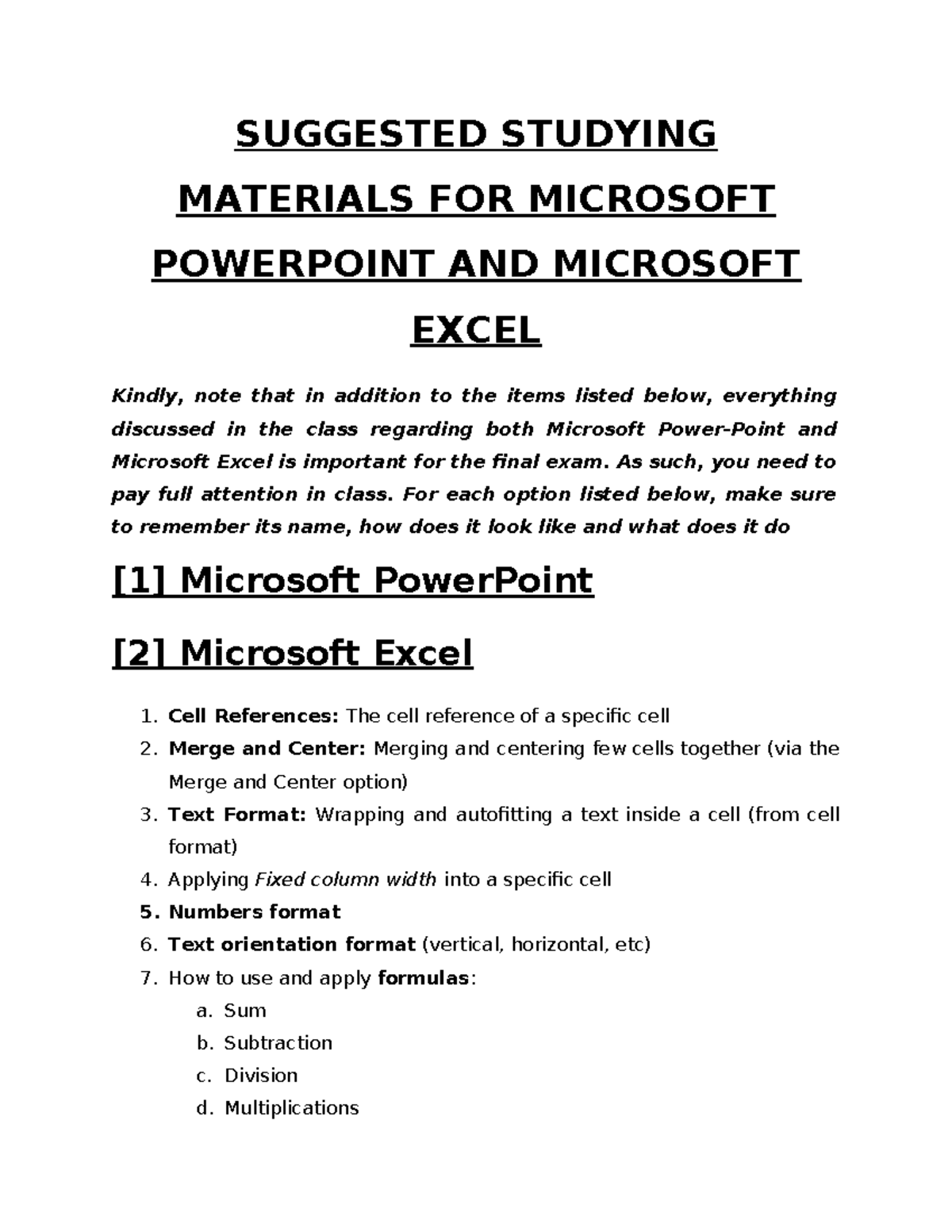 Final Exam Study Guide: MS PowerPoint & MS Excel Topics - Studocu