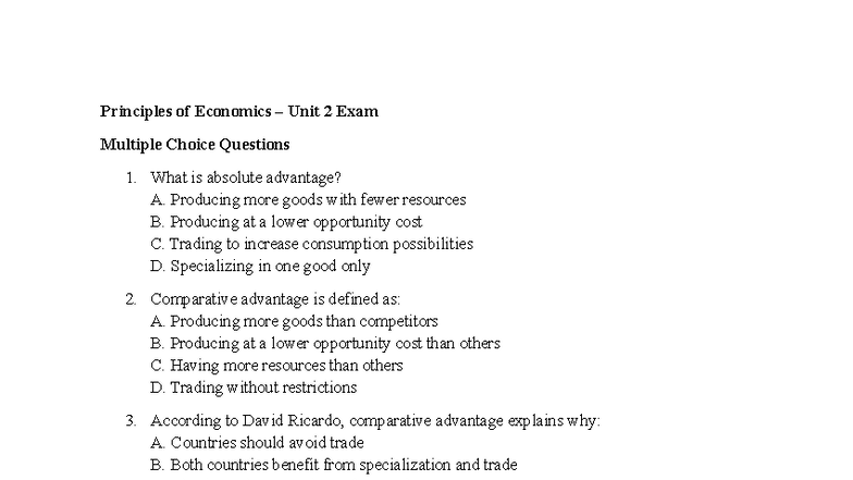 Principles of Economics Unit 2 Exam: MCQ Review and Answers - Studocu