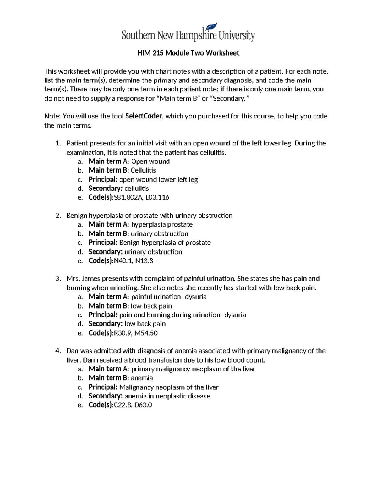 HIM 215 Module Two Worksheet: Patient Diagnosis and Coding Guide - Studocu