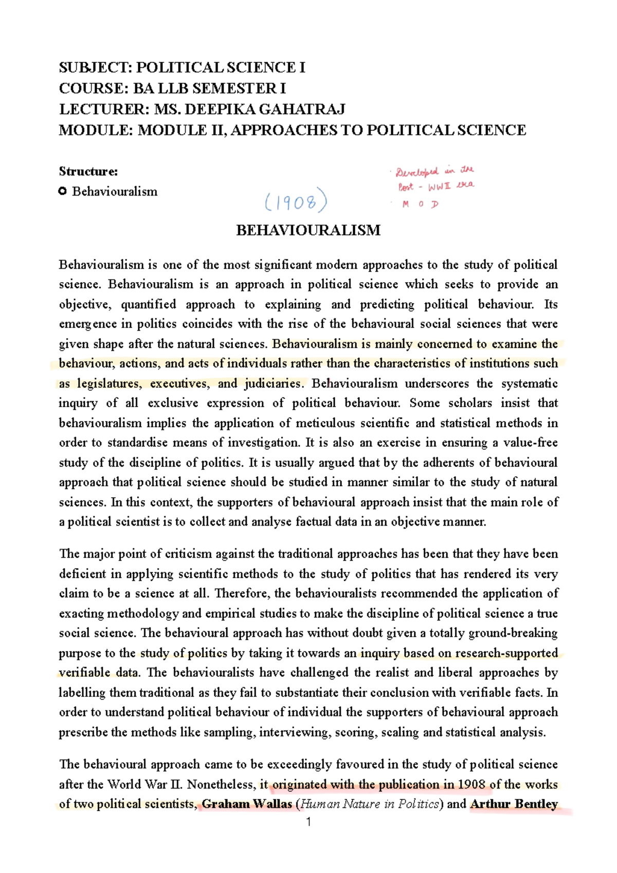 BA LLB Sem I: Behaviouralism in Political Science - Module II Notes ...