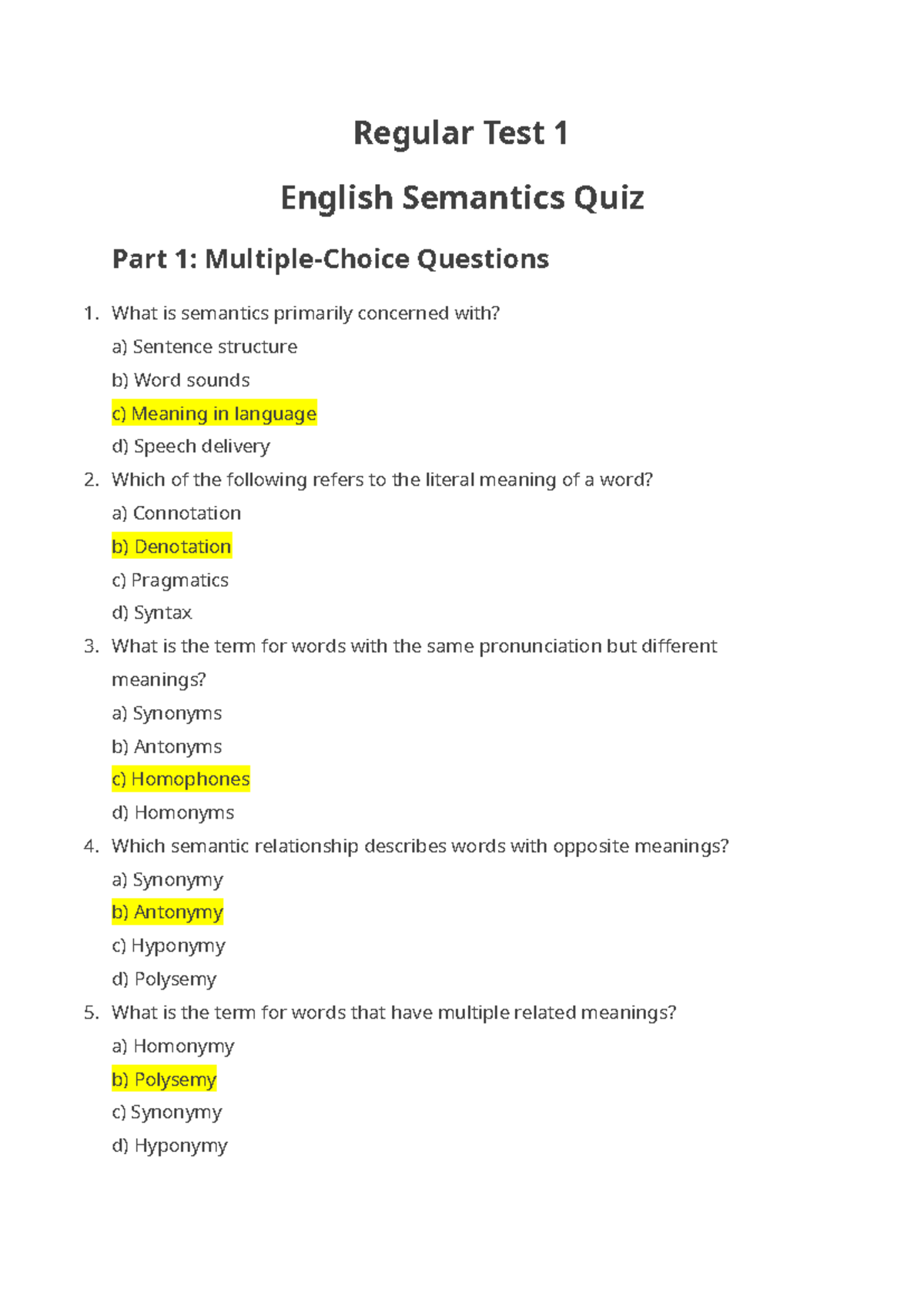 English Semantics Quiz: Regular Test 1 Questions and Answers - Studocu