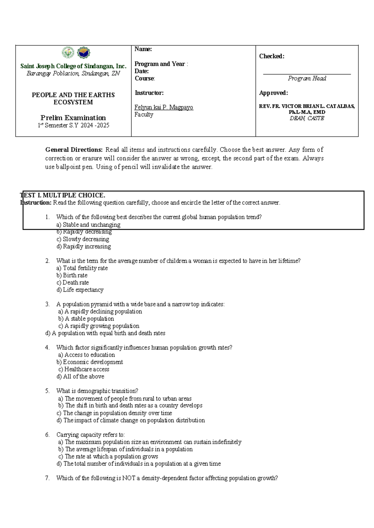 Prelim-ECOS-BEED - TEST QUESTIONS - Saint Joseph College of Sindangan ...