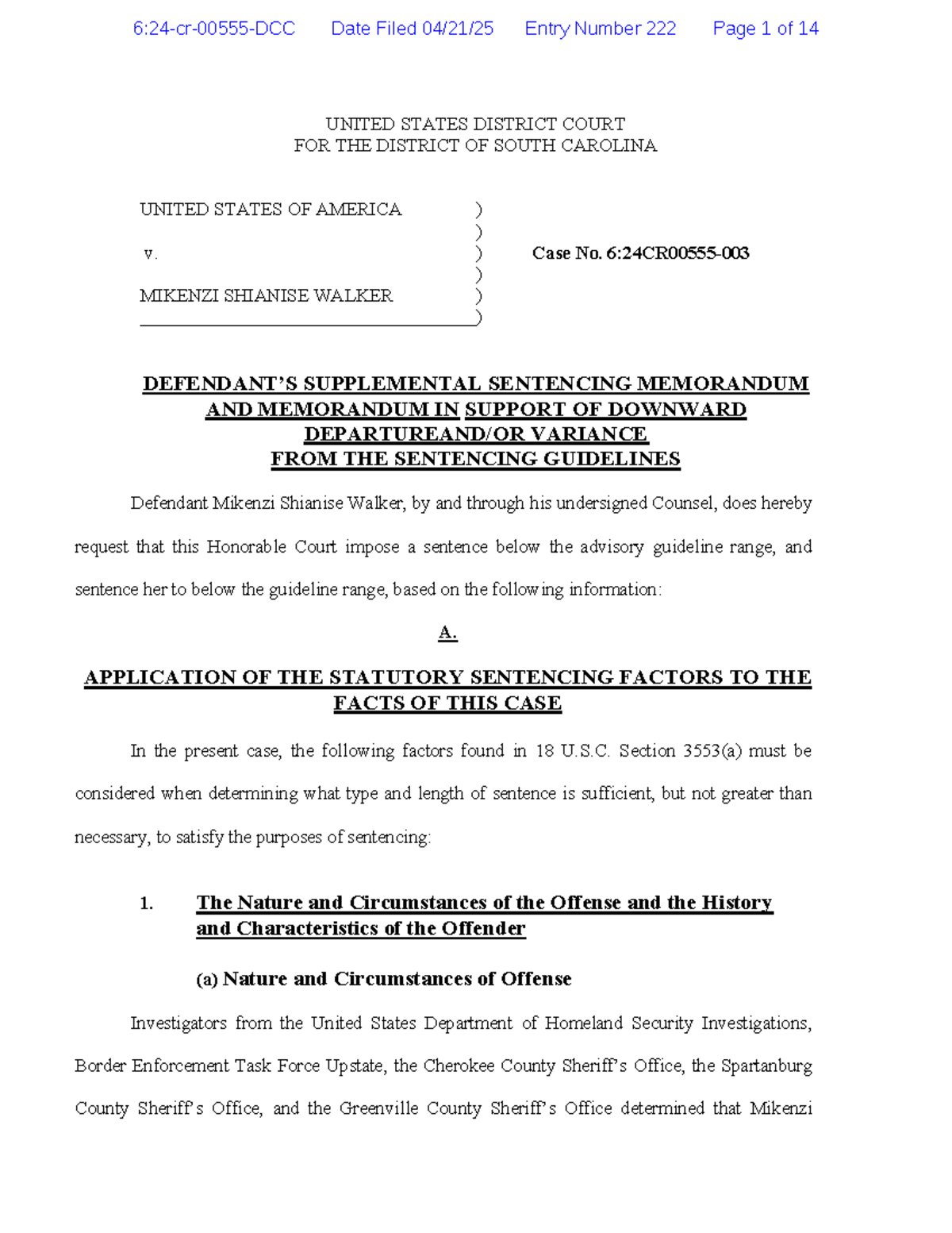 Case No. 2024-CR-001: Supplemental Sentencing Memo for Mikenzi Walker - Studocu