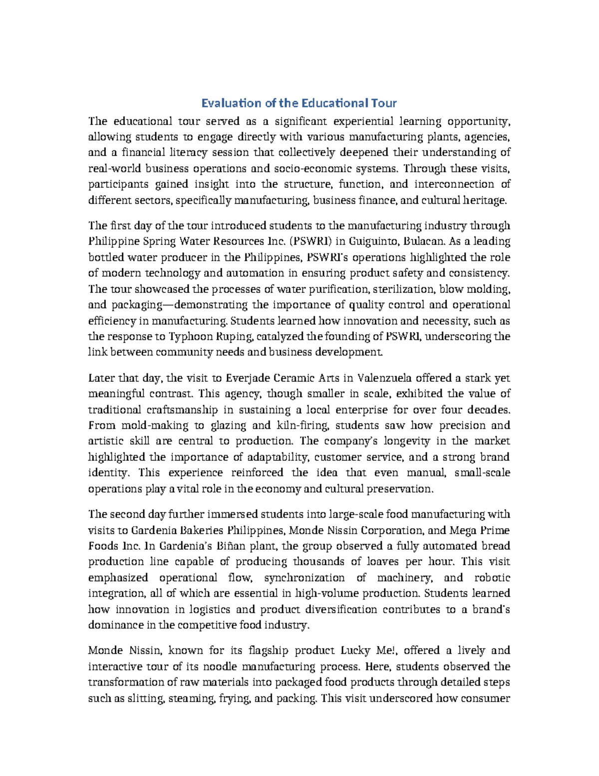 Educational Tour Evaluation Report - Evaluation of the Educational Tour ...