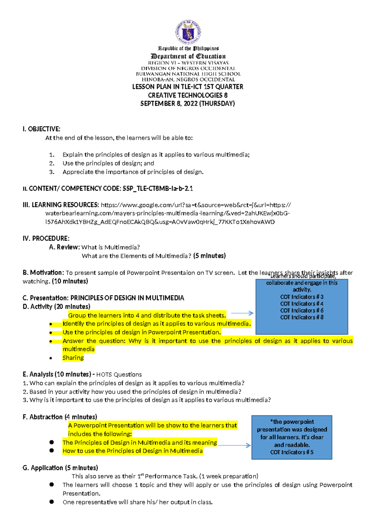 Lesson Plan TLE-CT8: Multimedia Elements - Grade 8 Week 1 - Studocu