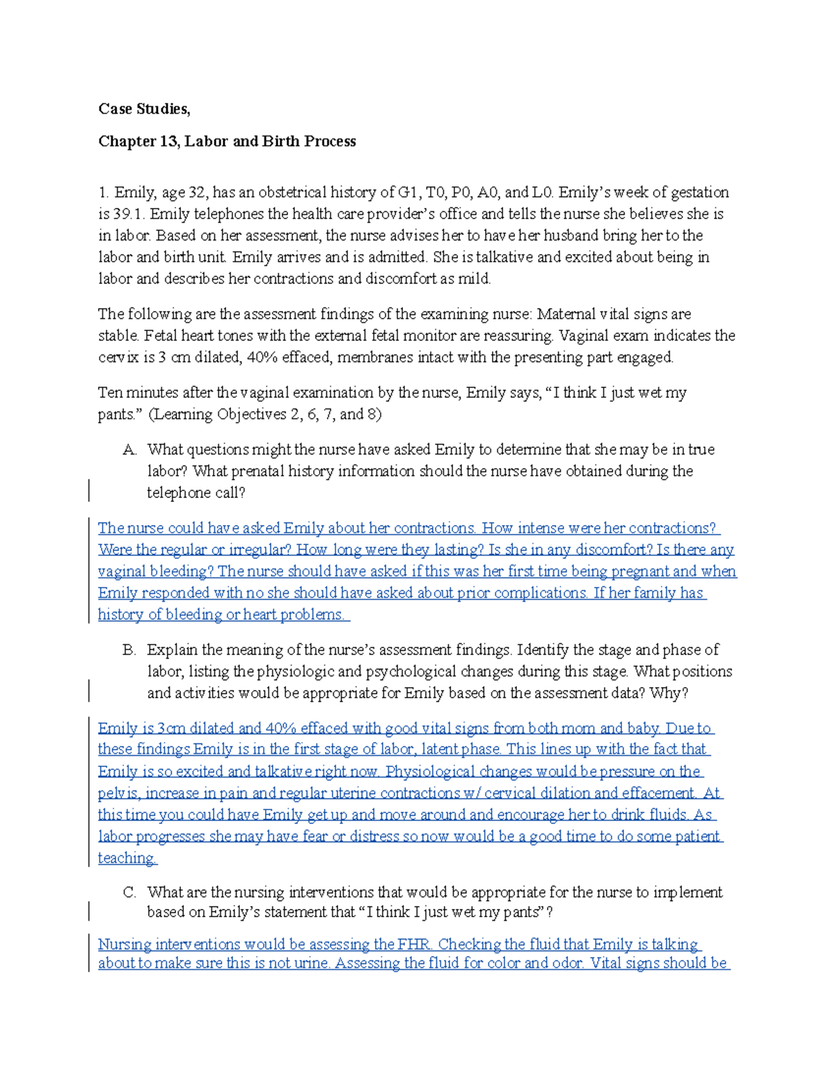 Labor Case Study: Assessing Emily's Birth Process Findings - Studocu