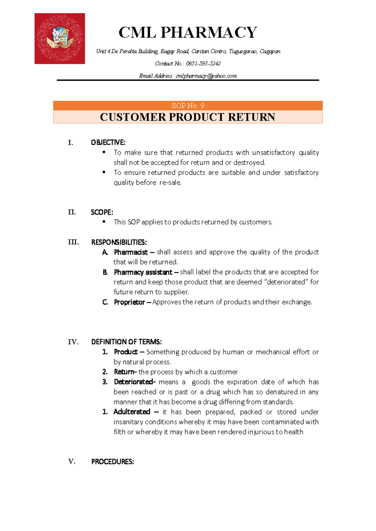 SOP No.9 Guidelines for Customer Product Returns and Assessments - Studocu