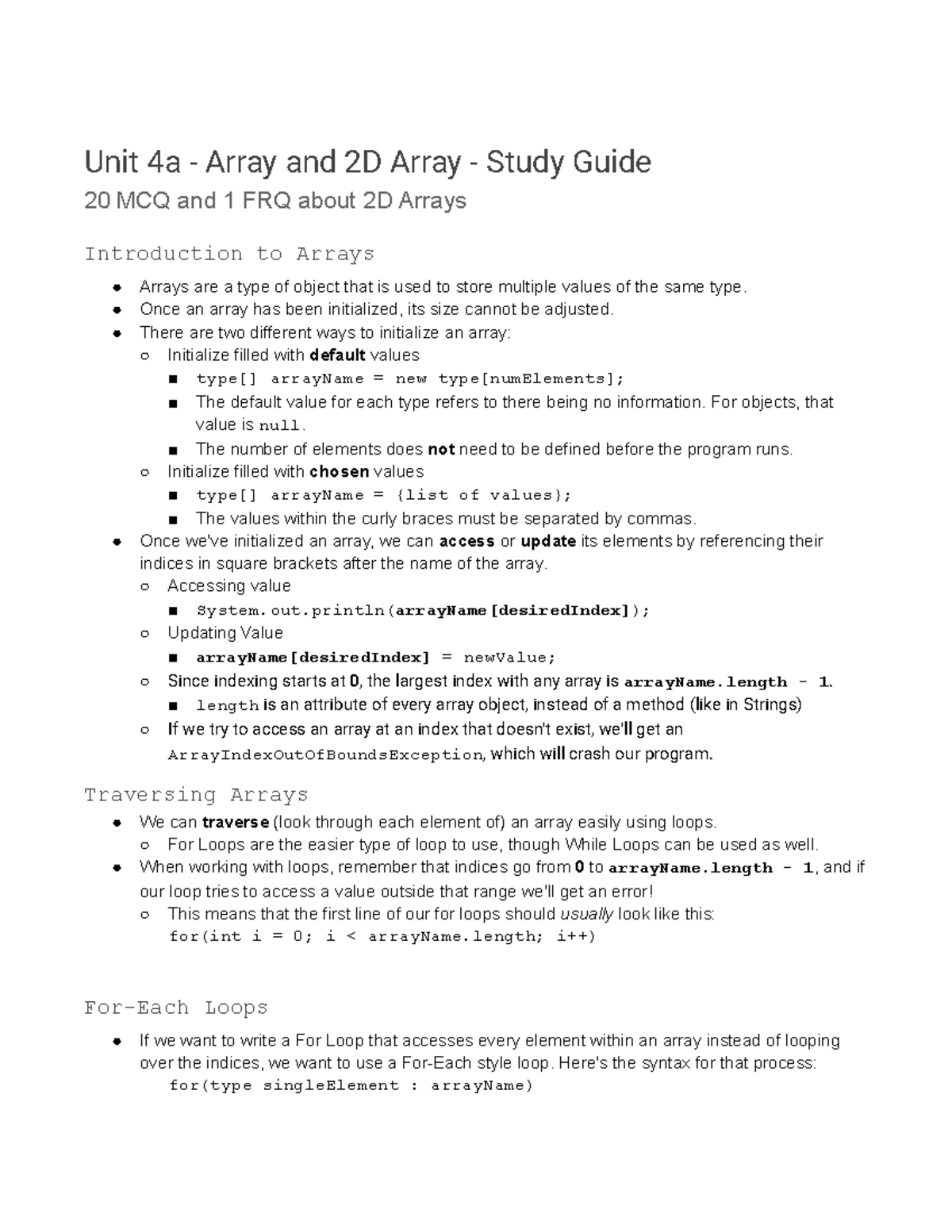 Unit 4a Study Guide: Arrays & 2D Arrays Concepts and MCQs - Studocu