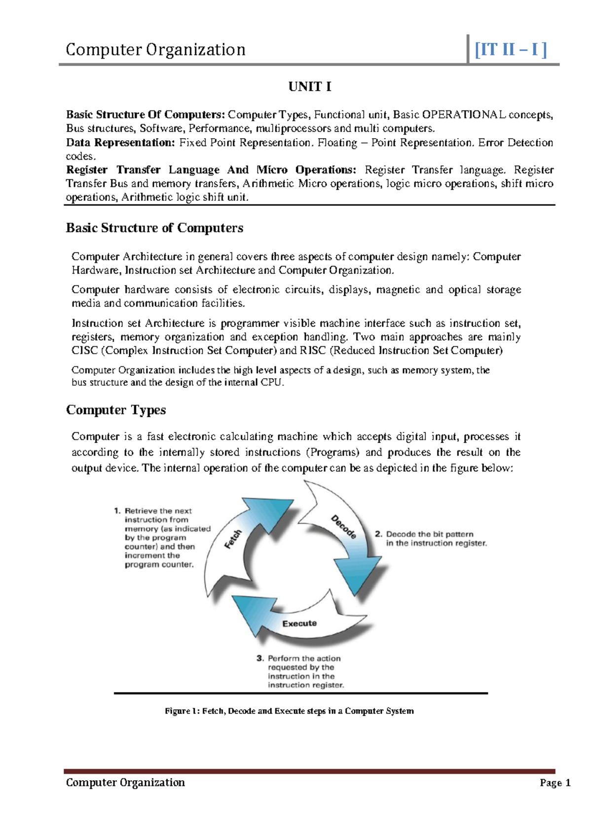 Computer Organization Concepts and Functional Units - Unit I Study ...