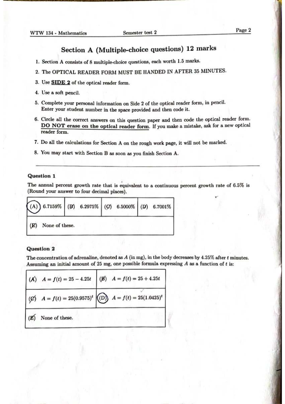 WTW 134 Mathematics Semester Test 2: Section A & B Questions and ...
