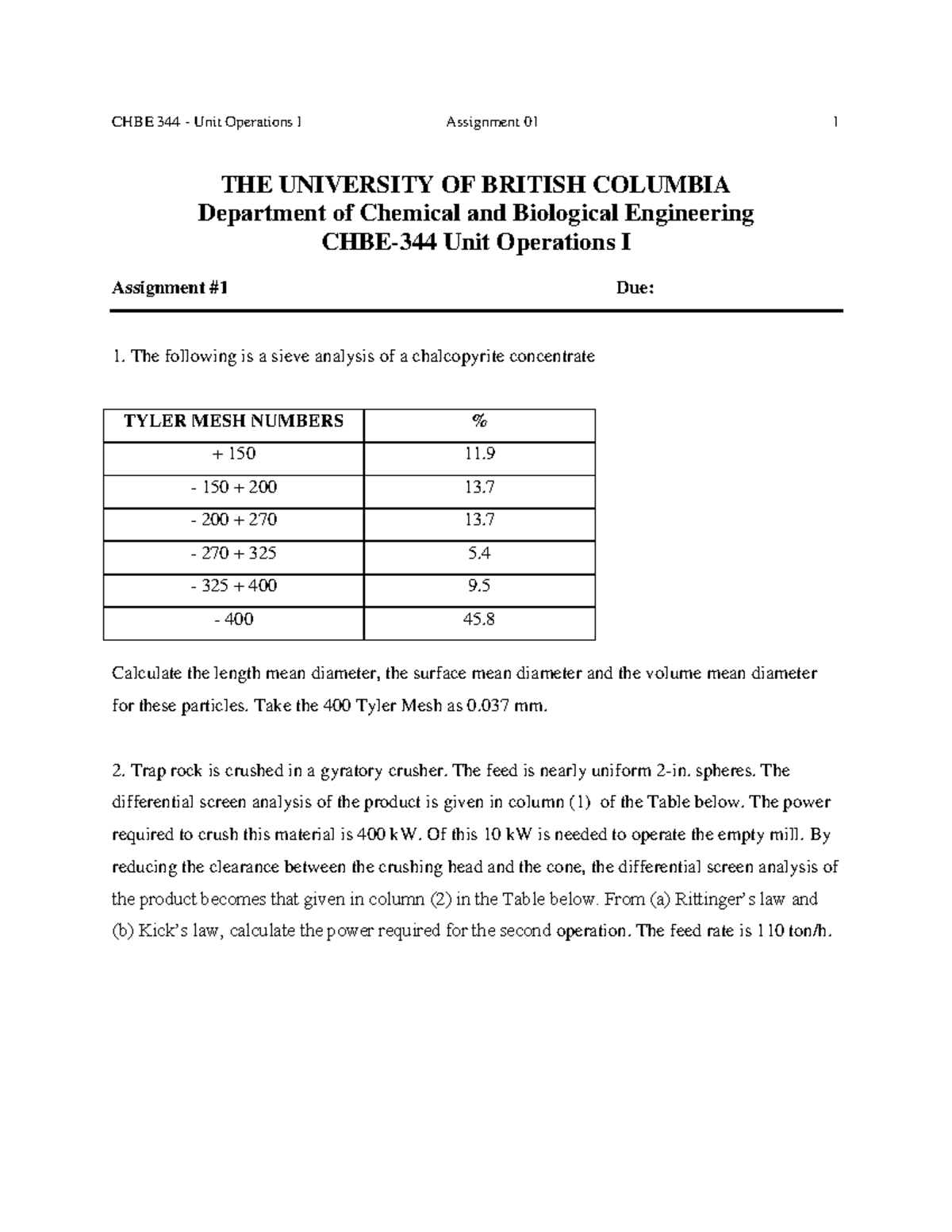 CHBE 344 Assignment 01 Solutions - Unit Operations I Analysis - Studocu