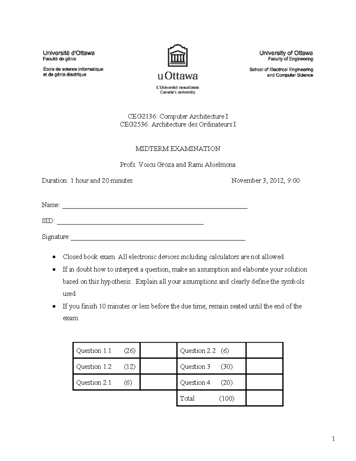 Midterm 2012, answers - CEG2136: Computer Architecture I CEG2536: Architecture des Ordinateurs I ...