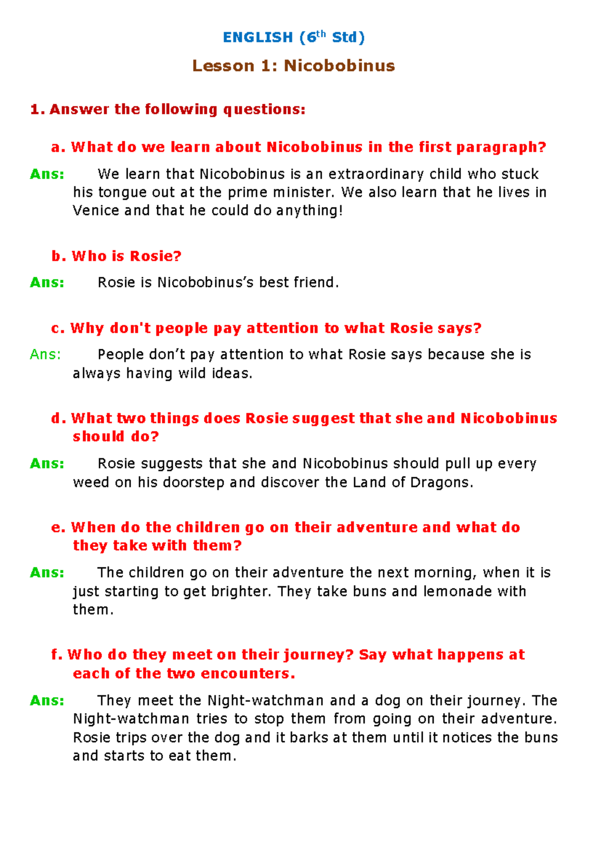English 6th Std Lesson 1: Nicobobinus Q&A Insights - Studocu