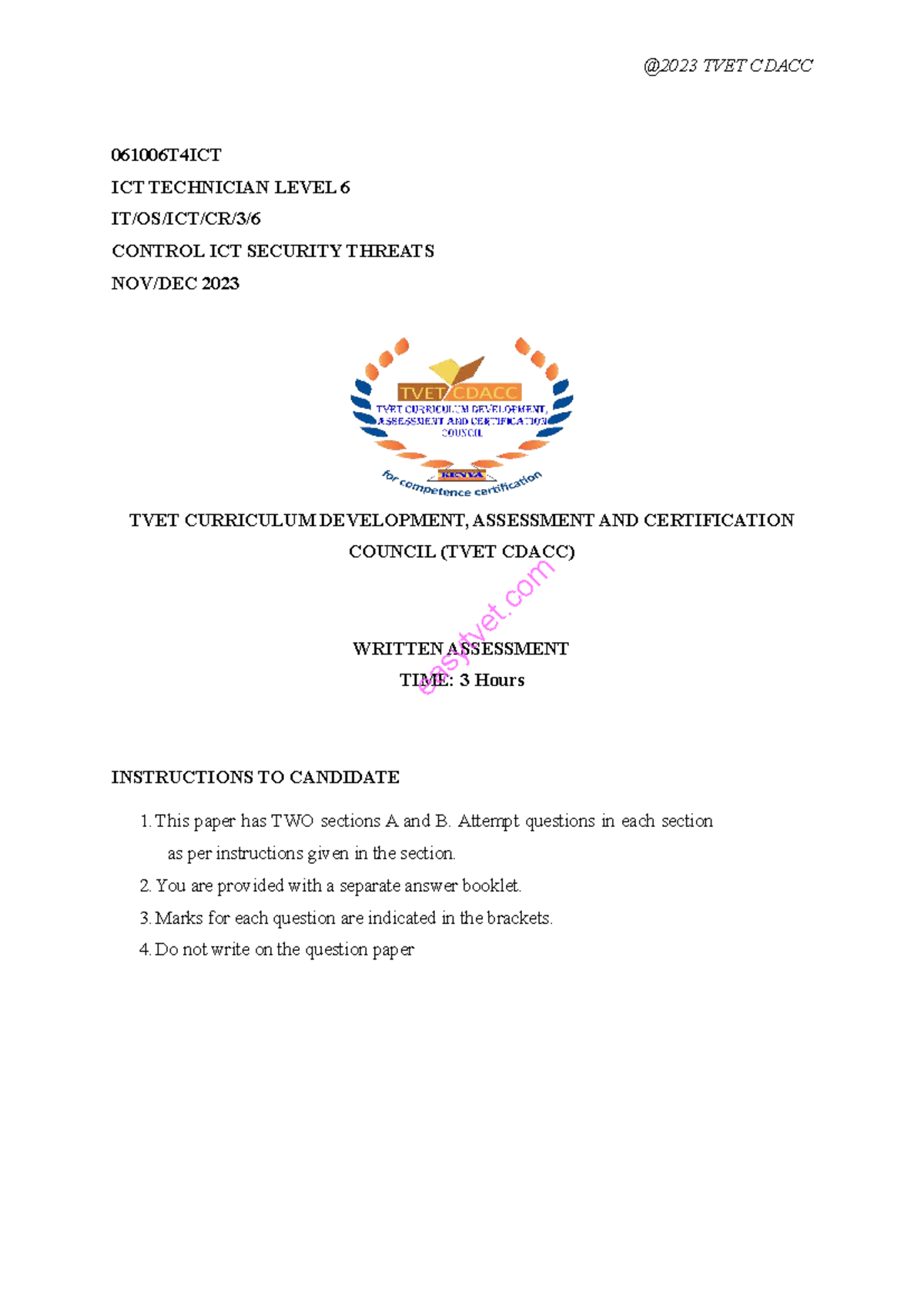 TVET CDACC 061006T4ICT ICT Technician Level 6 Exam: Control of ICT ...