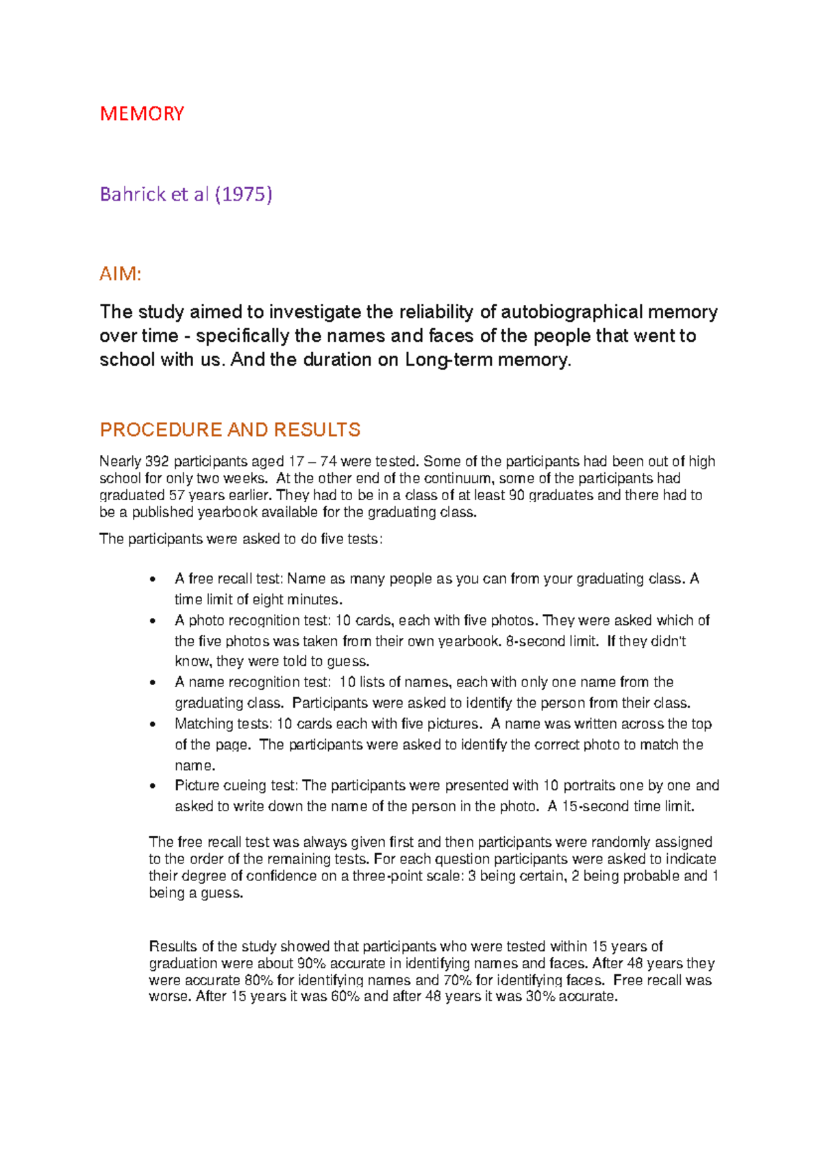 SAQ Analysis of Autobiographical Memory: Bahrick et al. (1975) - Studocu