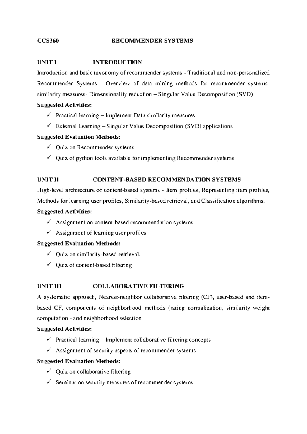 CCS360 Recommender Systems Course Syllabus and Activities - Studocu