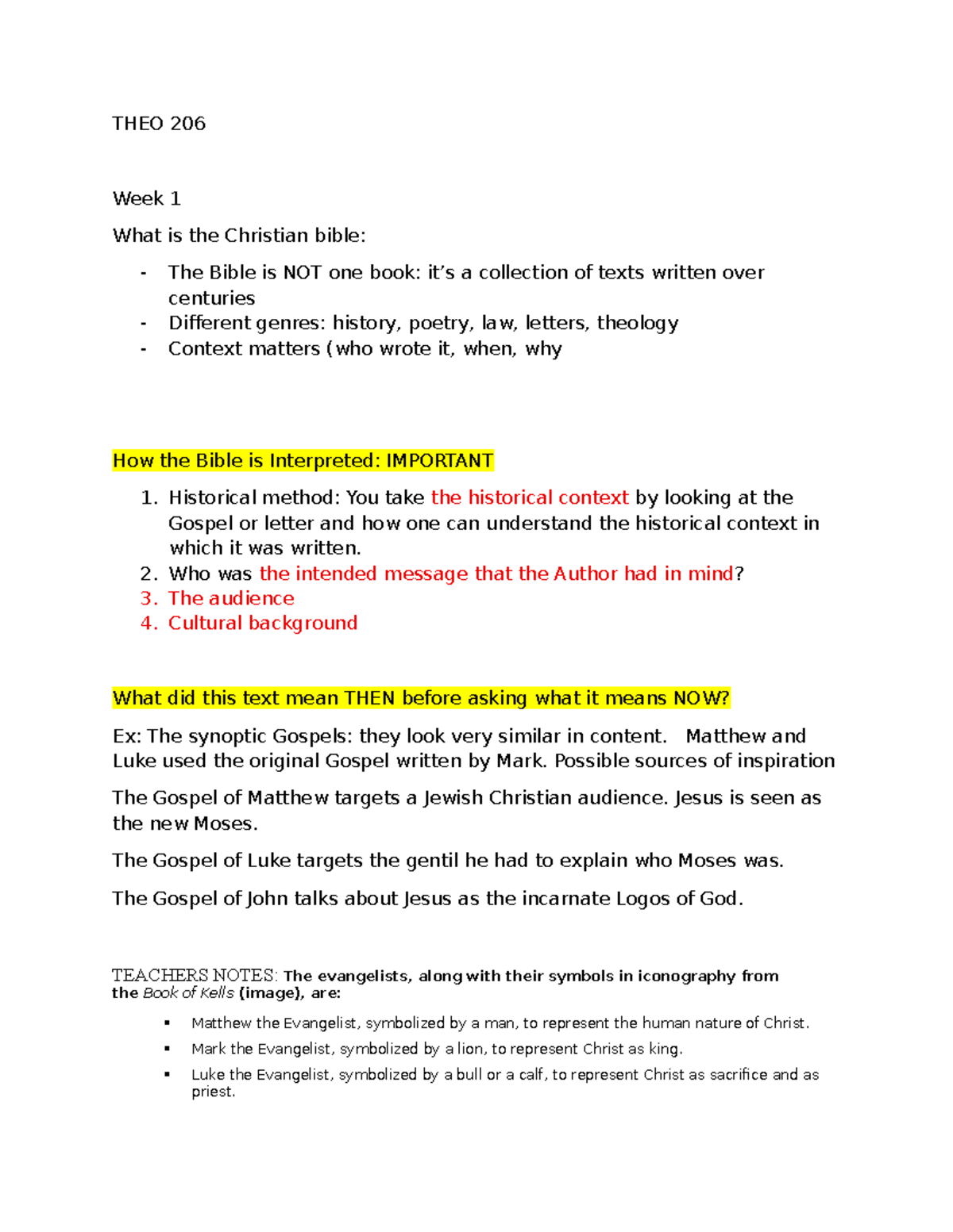 THEO 206 Week 1 Lecture Notes: Understanding the Christian Bible - Studocu