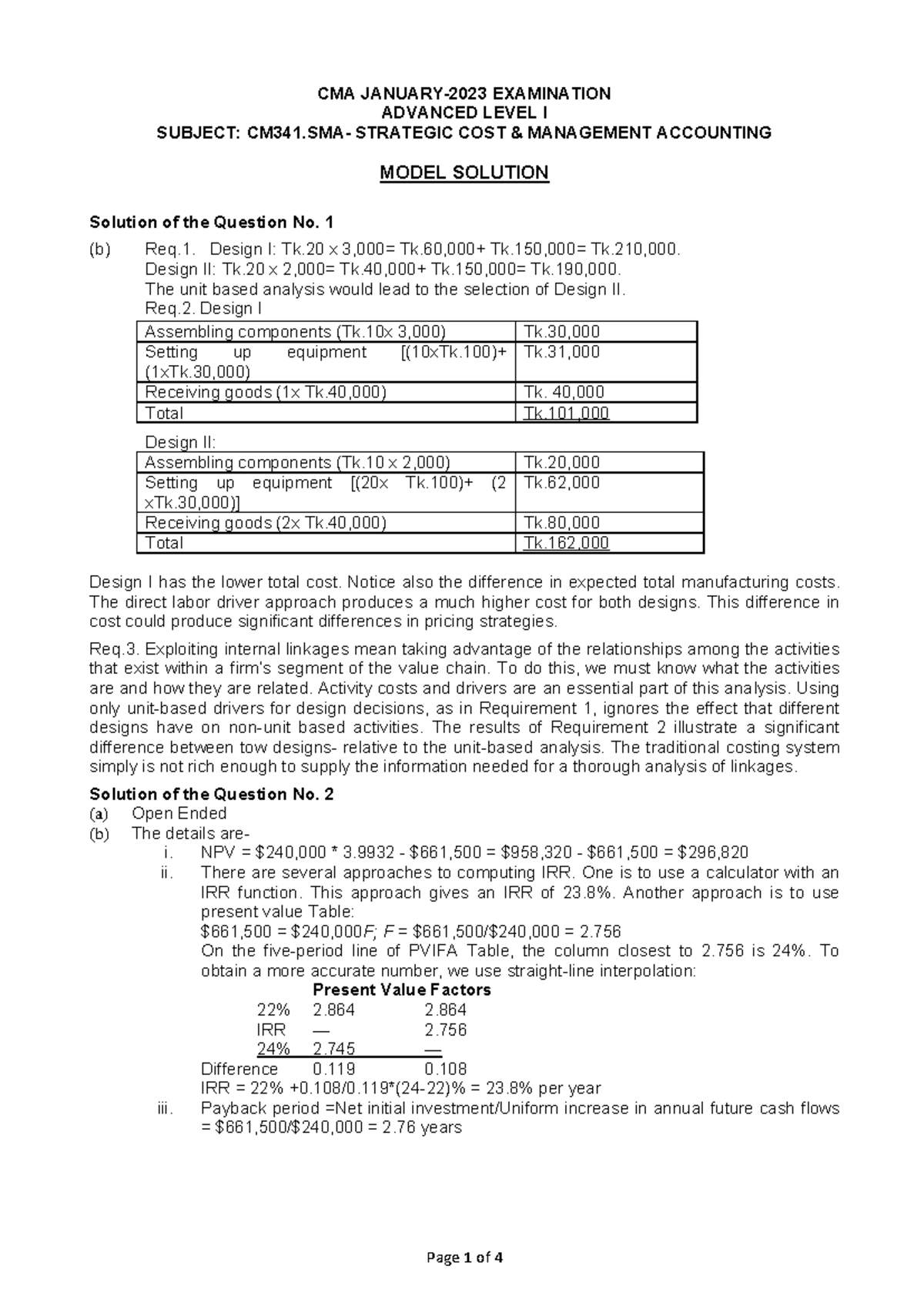 CM 341. SMA (AL-I) Solution CMA January-2023 Exam - CMA JANUARY-2023 ...