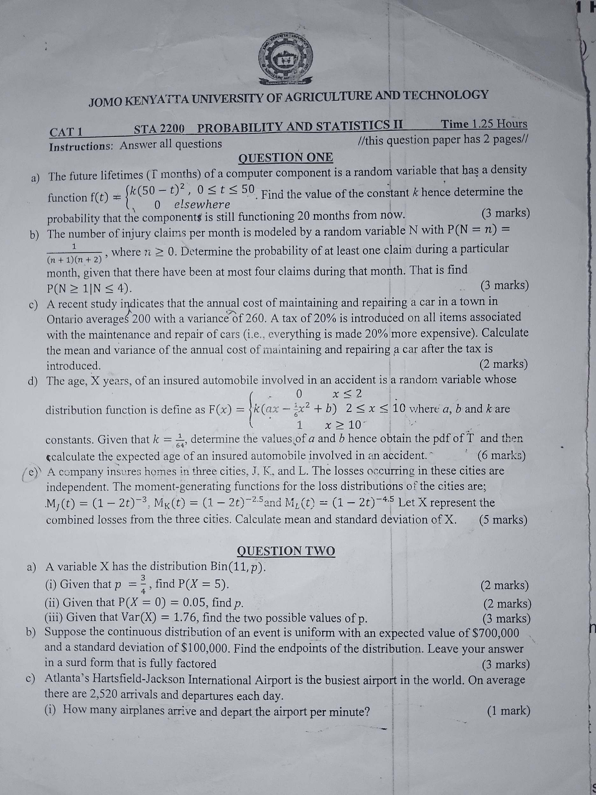 Probability and Statistics II STA 2200 CAT 1 Exam Questions - Studocu