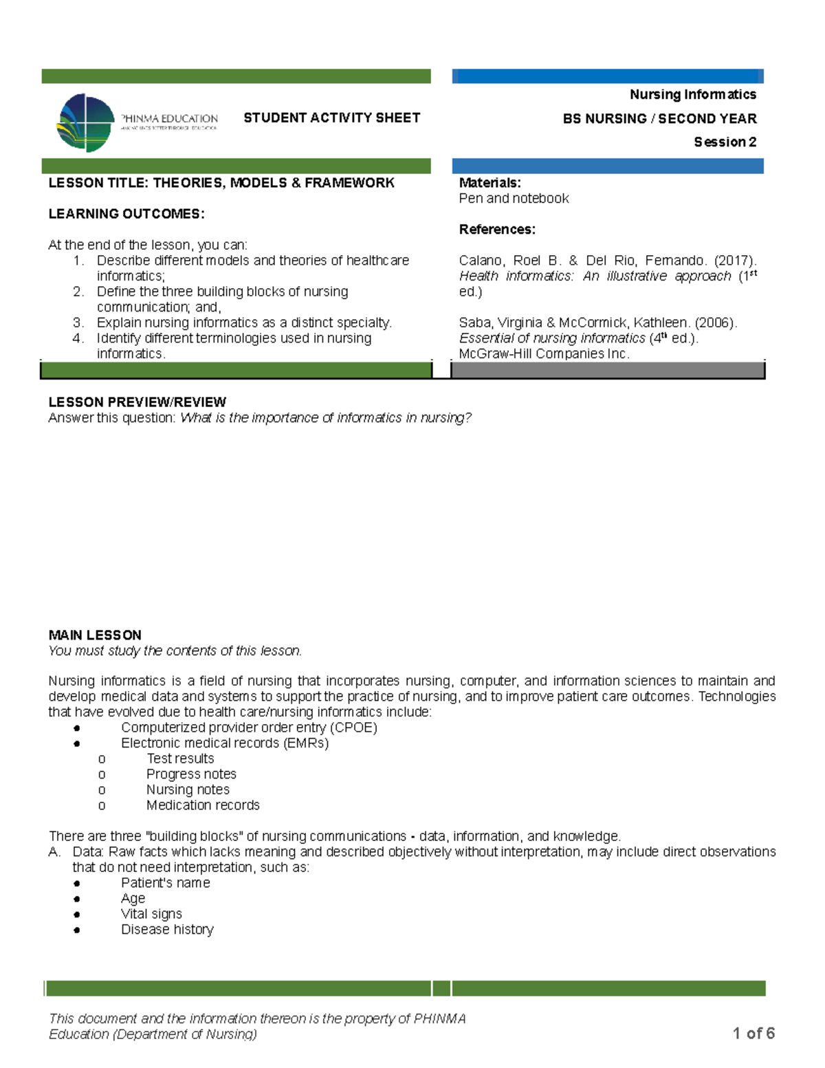 Nursing Informatics Lesson: Theories & Models Framework BS Nursing 2nd ...