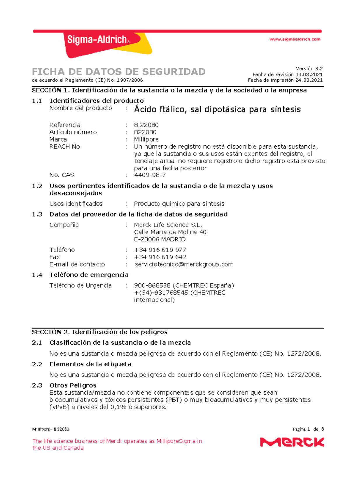 FICHA DE DATOS DE SEGURIDAD (SDS) 822080 - Ácido Ftálico - Studocu
