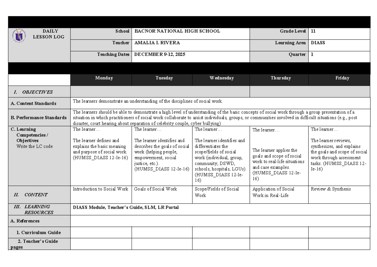 DLL - DIASS 11 Weekly Lesson Plan (Dec 2025) - Studocu