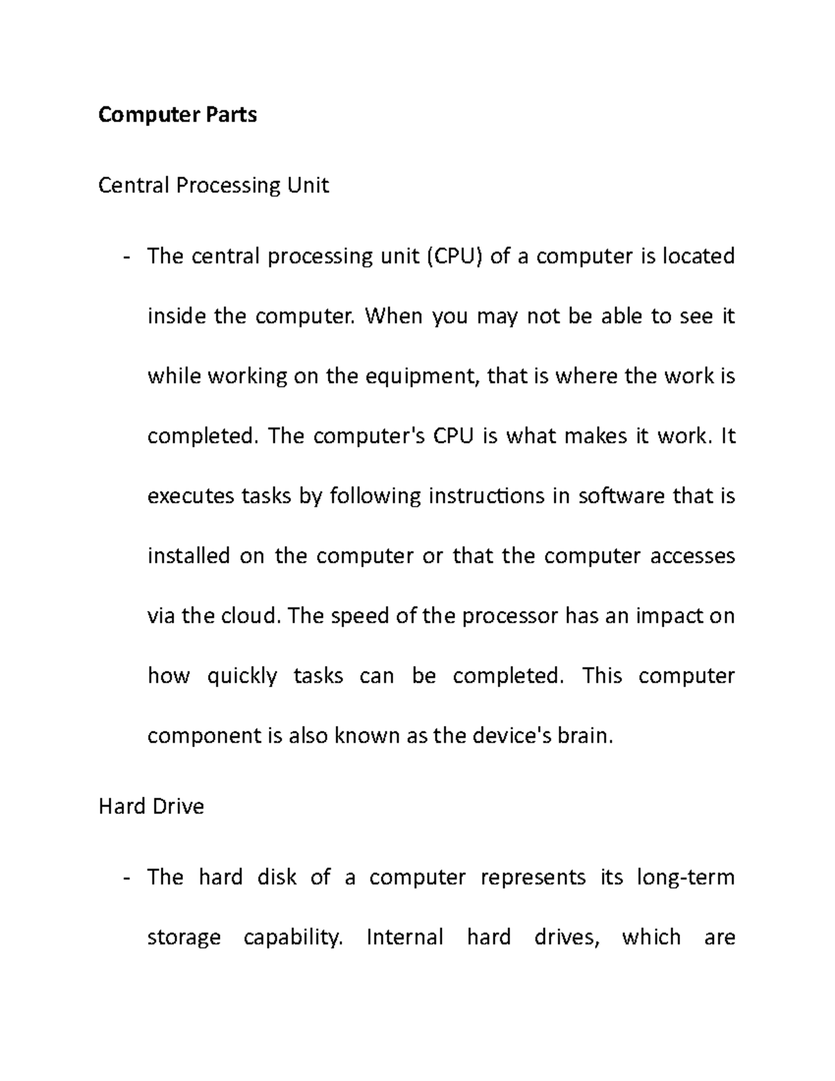 Parts of Computer (CSS) - Computer Parts Central Processing Unit The ...