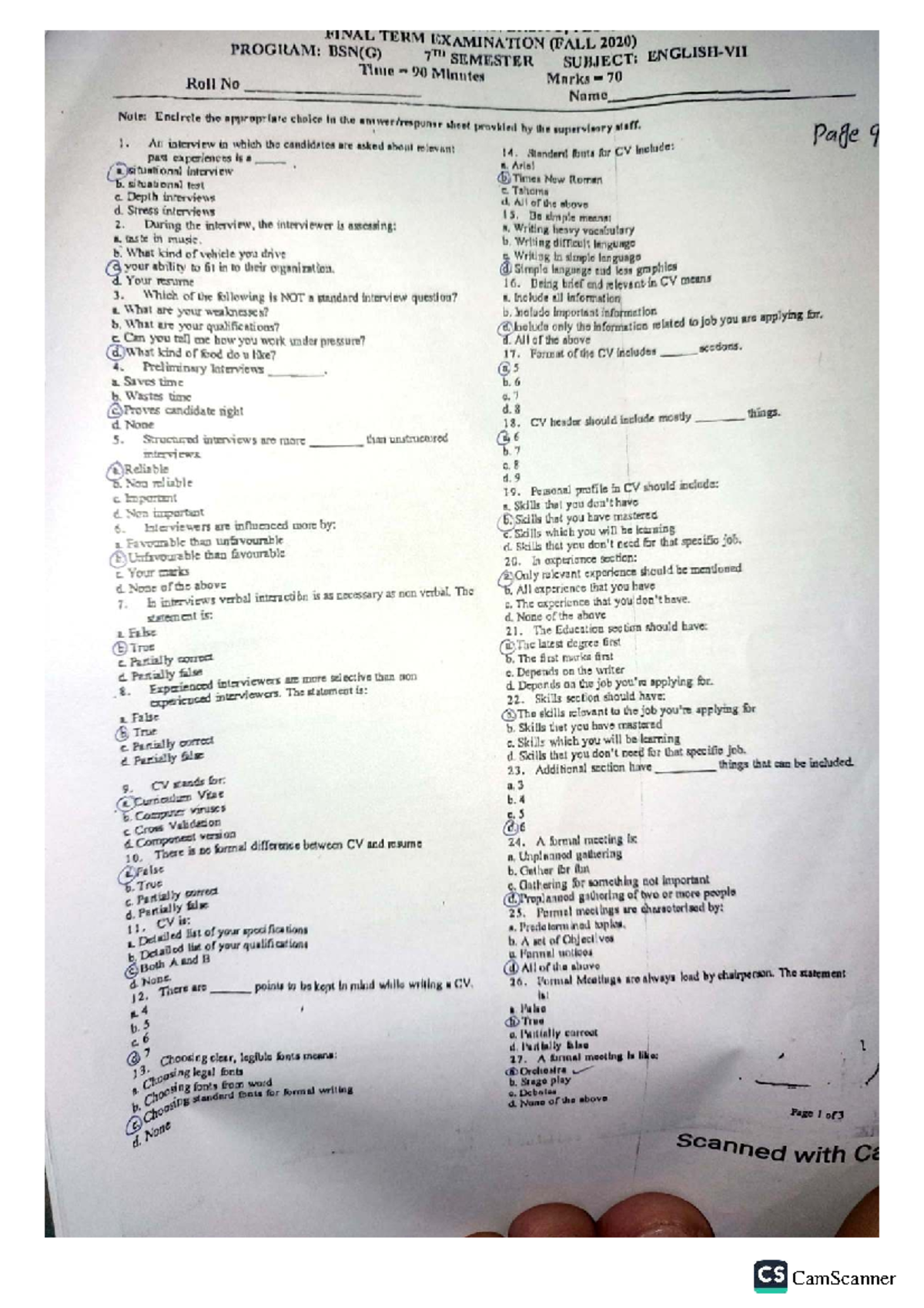 BSN(G) 7ᵀᴴ SEMESTER FINAL TERM EXAMINATION NOTES (FALL 2020) - Studocu