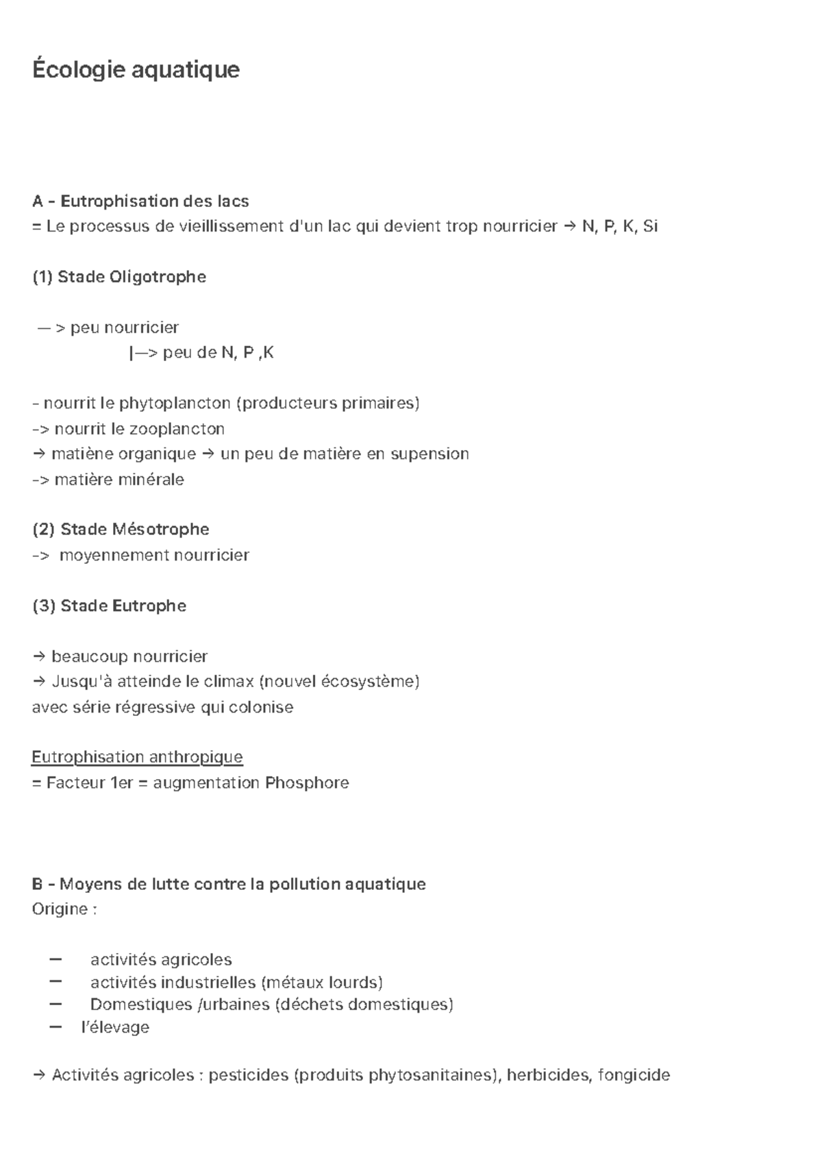 Écologie Aquatique : Eutrophisation des Lacs et Solutions (Cours A ...