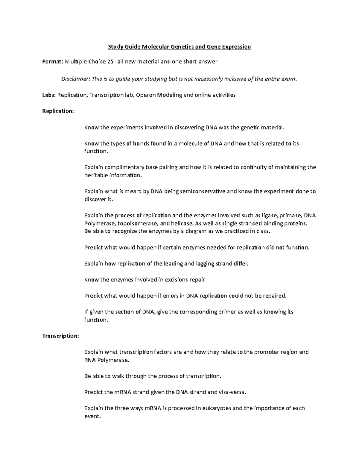 Study Guide for Molecular Genetics Test 2017 - Study Guide Molecular ...
