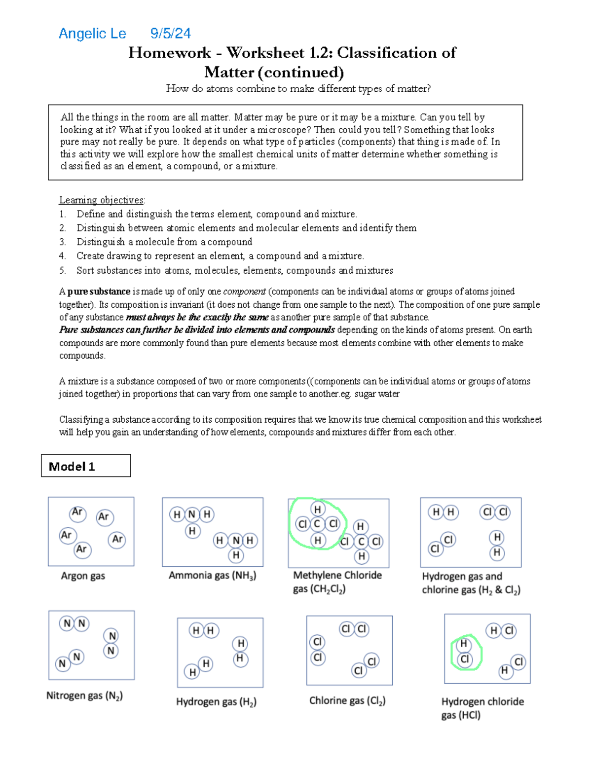 Completed 1.2 Homework Classification of Matter - Homework - Worksheet 1: Classification of ...