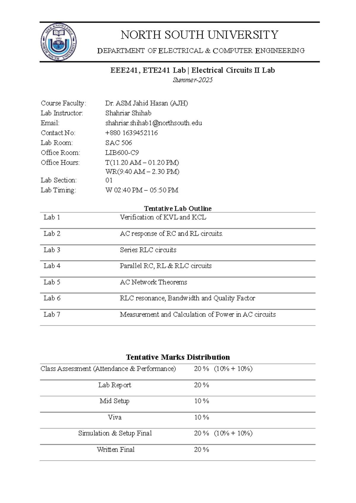 EEE241L.1 Lab Outline: Electrical Circuits II Lab Report - Studocu