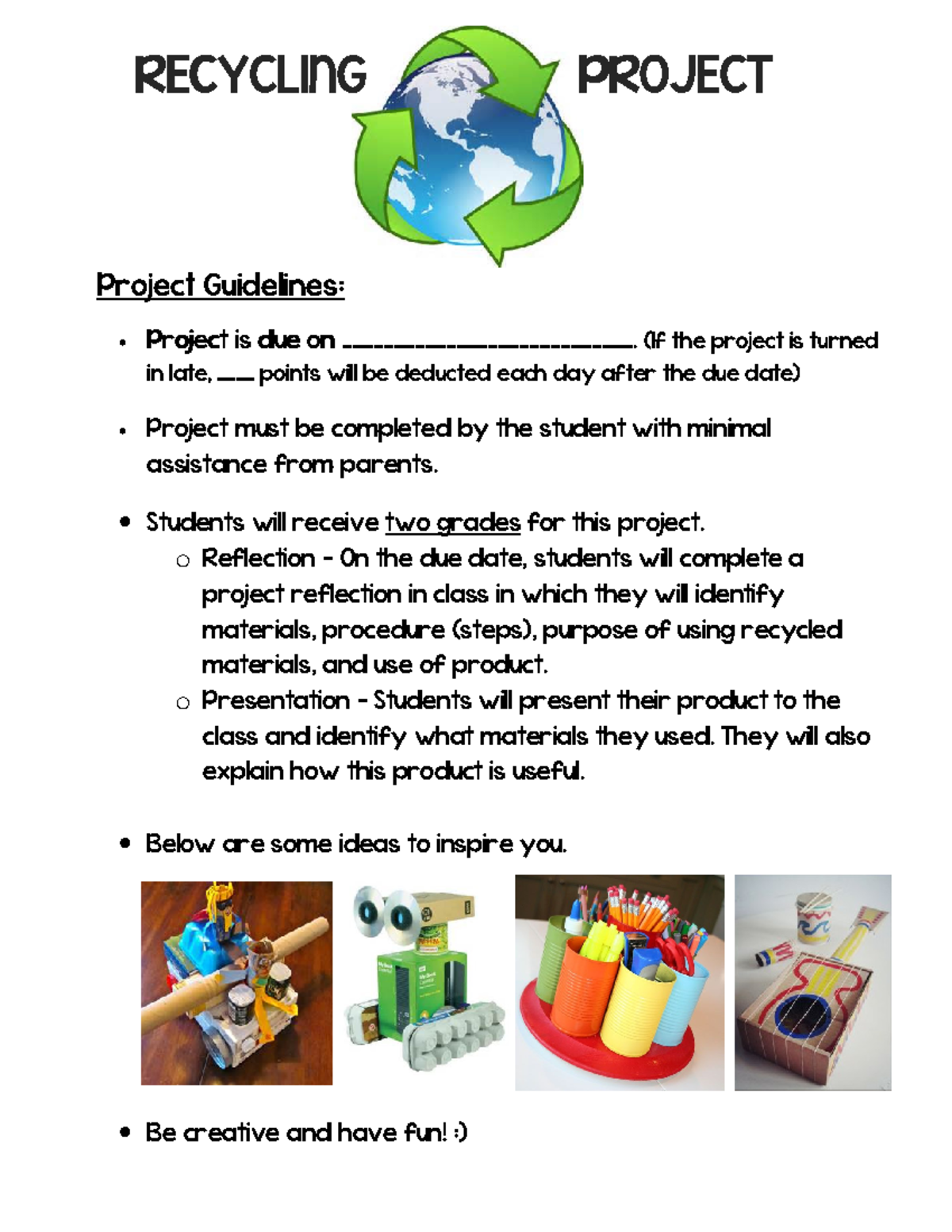Recycling Project Rubricand Reflection Earth Day Reduce Reuse Recyle-1 ...