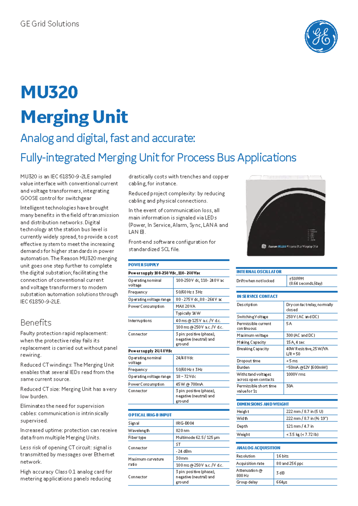 GE Grid Solutions MU320 Data Sheet: Merging Unit for Process Bus ...