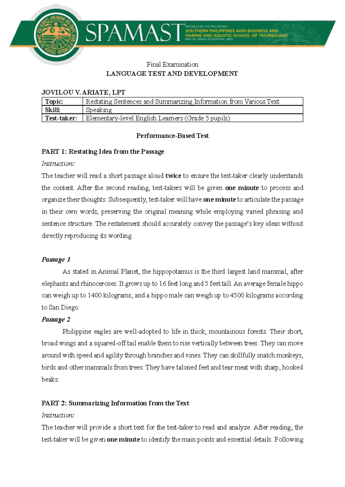 Final Exam LANGUAGE TEST FOR ELEMENTARY LEARNERS by JOVILOU V. ARIATE ...