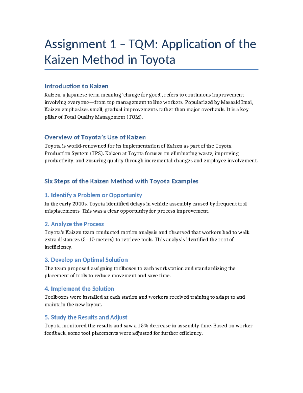 TQM Assignment 1: Kaizen Method Implementation at Toyota - Studocu