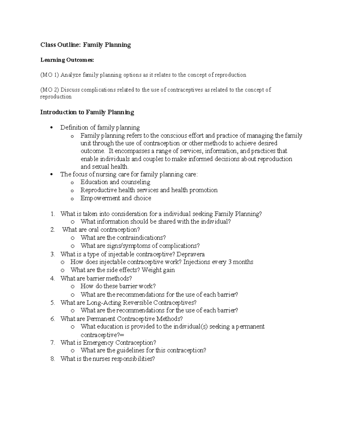 Family Planning Class Outline: Key Learning Outcomes and Concepts - Studocu