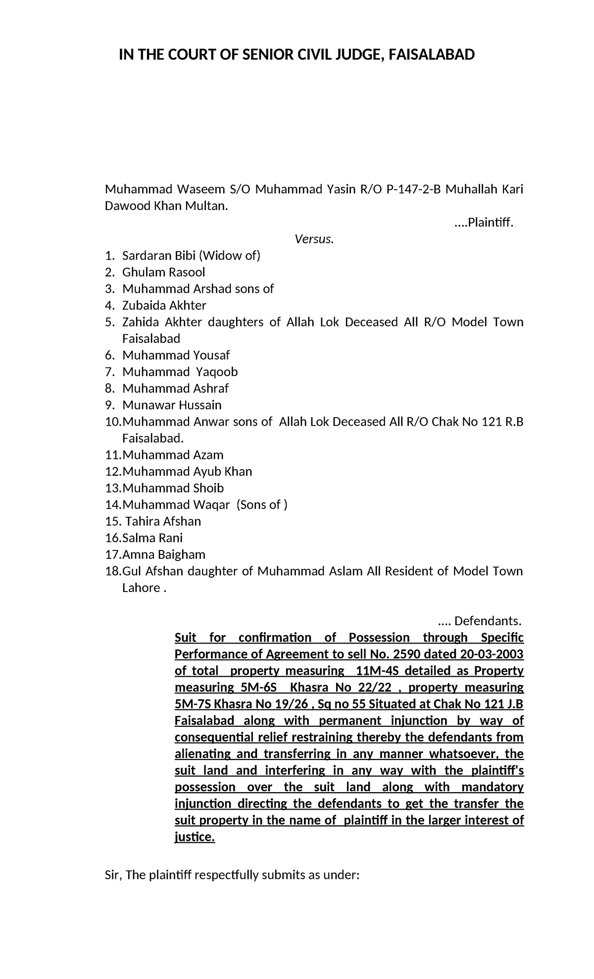 Muhammad Waseem vs Sardaran Bibi et al. (Suit for Specific Performance ...