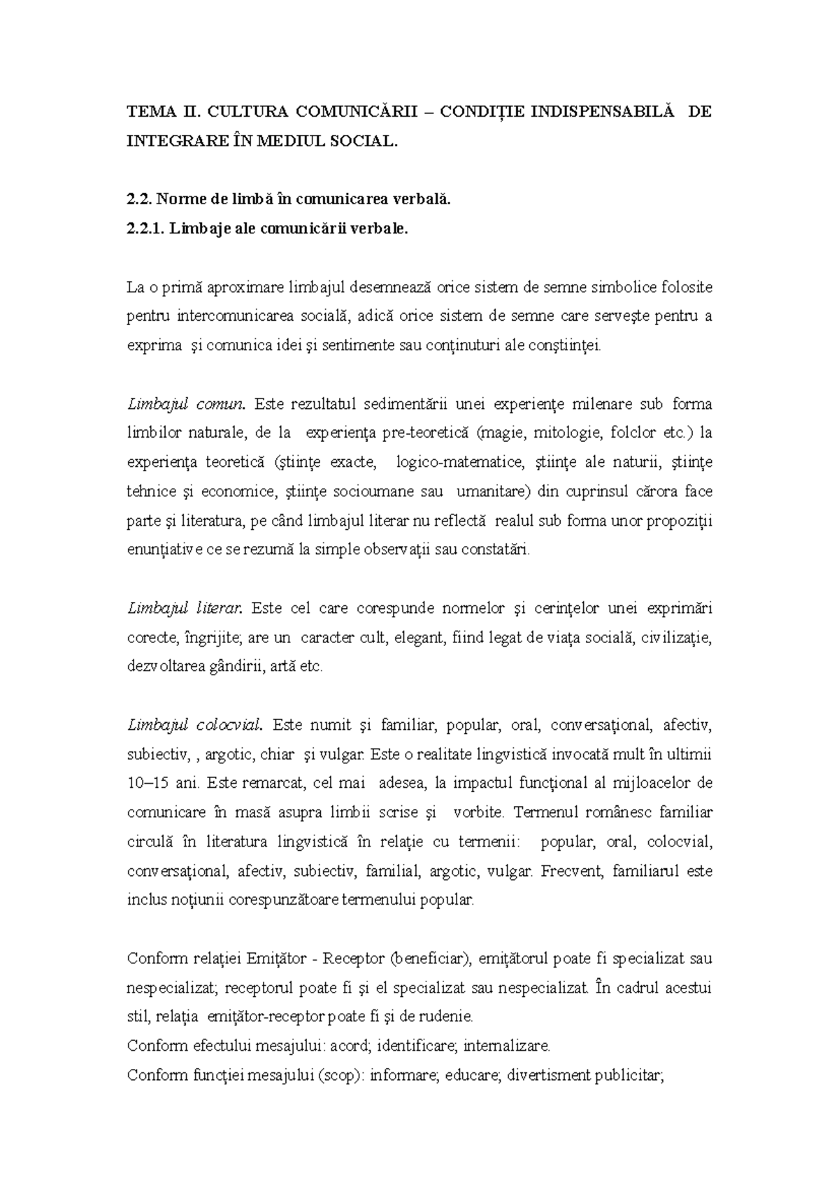 Cultura comunicarii - TEMA II. CULTURA COMUNICĂRII – CONDIŢIE ...
