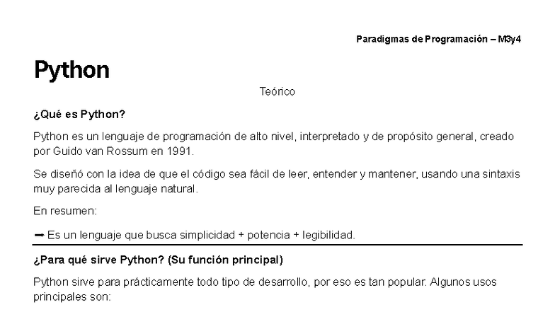 PDP M3 Y M4 - m3 y m4 - Paradigmas de Programación – M3y Python Teórico ¿Qué es Python? Python ...