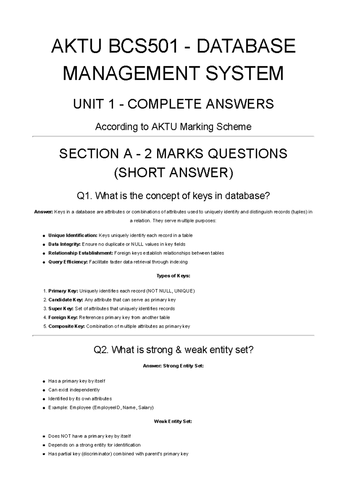BCS501 DATABASE MANAGEMENT SYSTEM UNIT 1 ANSWERS & EXPLANATIONS - Studocu