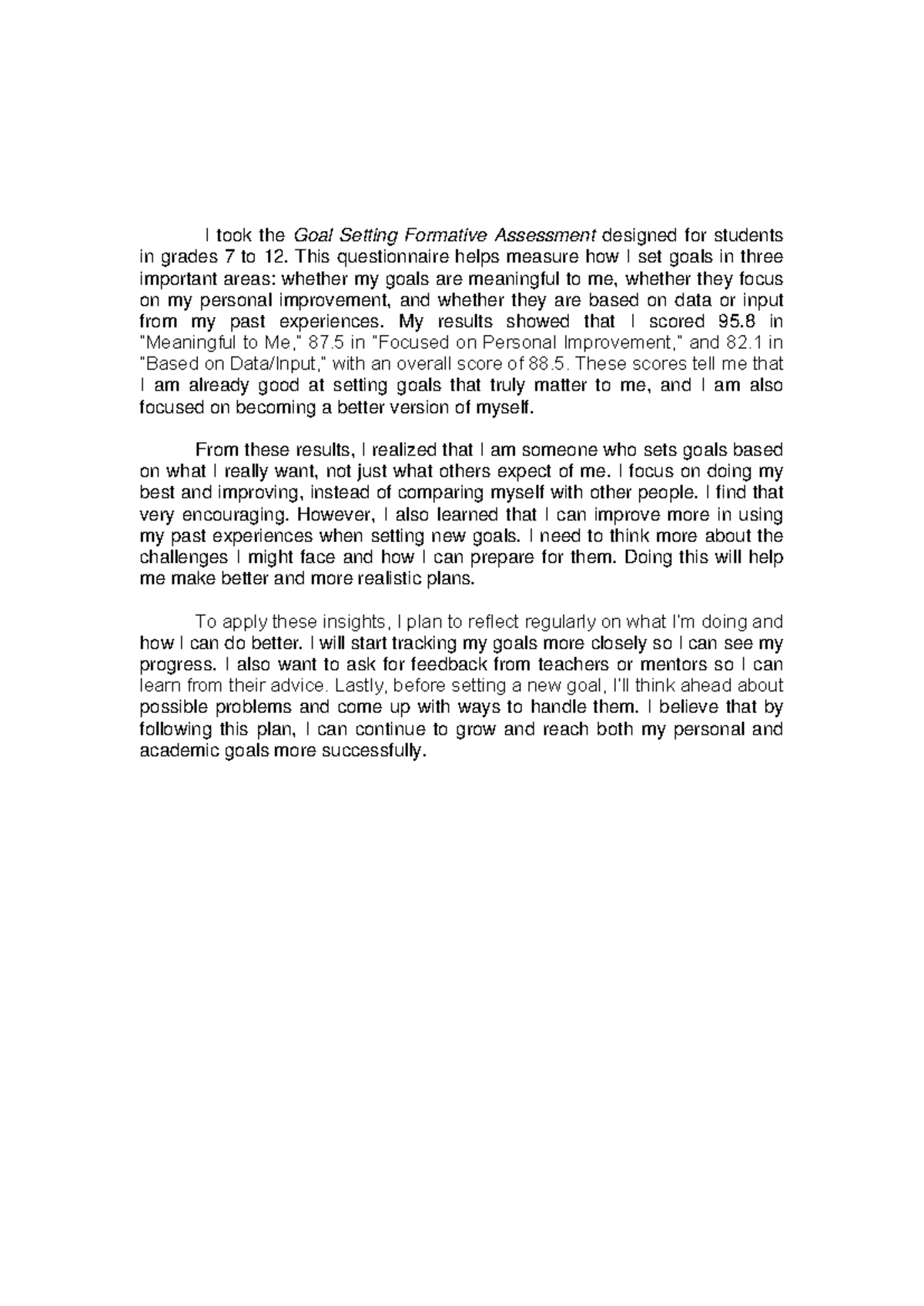 Psych031 Goal Setting Formative Assessment Reflection and Insights ...