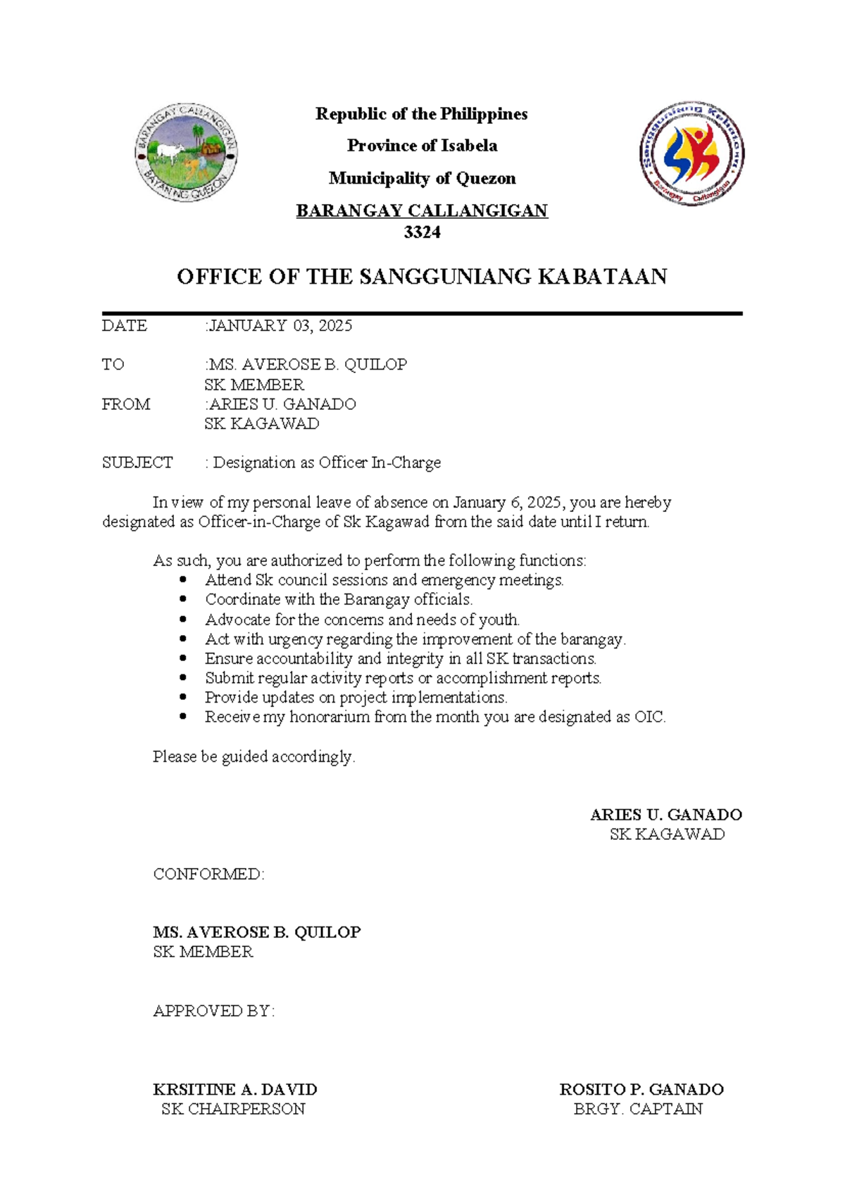 oic letter for sk kagawad - Republic of the Philippines Province of ...
