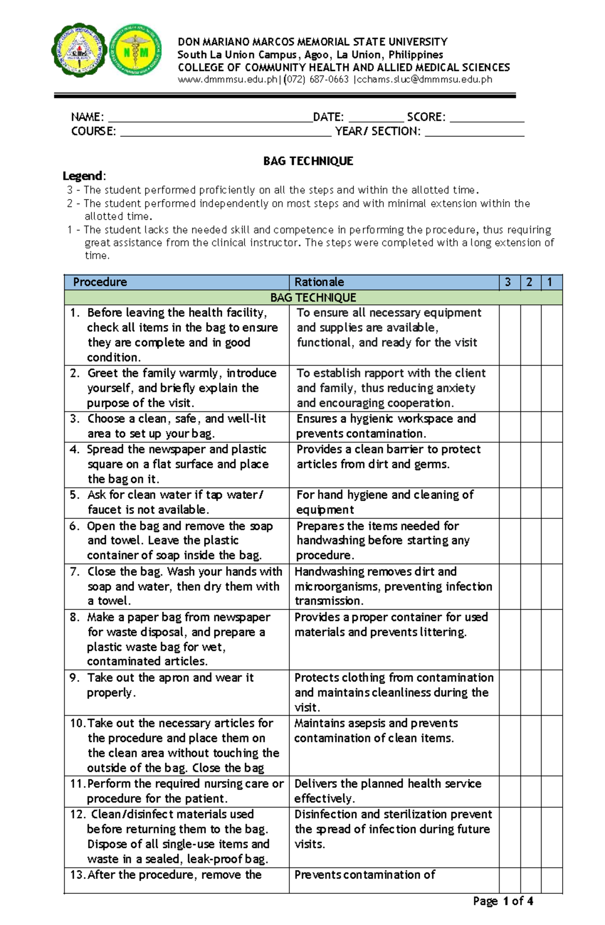 Bag Technique Checklist for Community Health Nursing (CHN 101) - Studocu